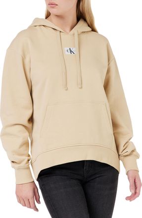 Calvin Klein Jeans Damen Hoodie Woven Label Oversized mit Kapuze, Beige (Warm Sand), XS