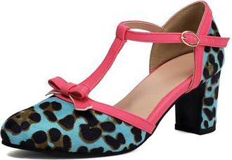Generic Femmes Léopard - Imprimé T - Sangle Robe Escarpins avec Noeud Talon Épais Chaussures De Vestito Rétro Confortable Fermé Bout Rond Retro Mary Janes,Ble