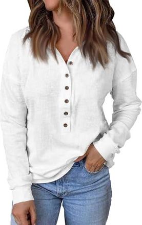 Generic Chemise à manches longues pour femme - Coupe régulière - Col en V - Style décontracté - Col montant - Couleur unie - Vêtements dautomne mignons et déc