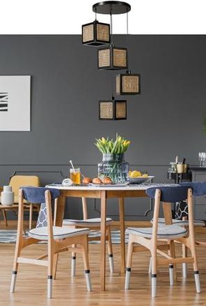 Opviq Elegant FIR Wood Chandelier with Natural Rattan Cap, Adjustable Height, 70 cm | Black & Rattan Design, E27 Socket, Perfect for Modern Spaces