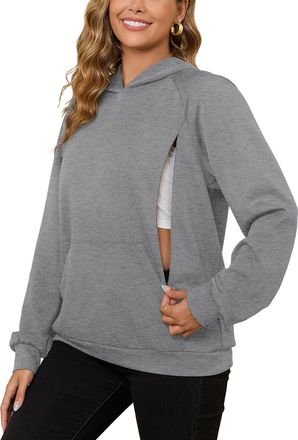 BHome Still-Sweatshirt mit Kapuze zum Stillen mit versteckten Rei&szlig;verschl&uuml;ssen, Umstands-Brustpump-Tops, K&auml;ngurutasche, Meliert, grau, Gro&szlig;