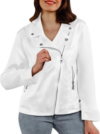 Generic 2026 Vestes pour femmes, veste de moto, style classique asym&eacute;trique, fermeture &eacute;clair, ceintures &agrave; boucle, plusieurs poches, blanc, XXL