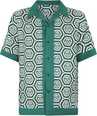 Philipp Plein Homme, Chemises, Vert, Taille: M Silk Bowling Shirt Monogram 70s
