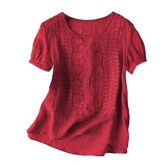 Generic Chemise en lin pour femme habill&eacute;e d&eacute;contract&eacute;e r&eacute;tro broderie fleur hauts &agrave; manches courtes boh&egrave;me d&eacute;t&eacute; tendance tunique fluide, Rouge, 3XL