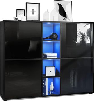 Vladon Highboard Cuba V3, Made in Germany, Schwarz matt/Schwarz Hochglanz inkl. LED - Moderne Anrichte mit 12 Fächern (130,5 x 105,5 x 35,5 cm)