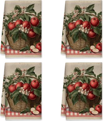 Generic K&uuml;chent&uuml;cher mit Herbstkorb, 4er-Set, Bauernhaus, Vintage, &Auml;pfel, Blumen, rote Trockent&uuml;cher f&uuml;r die Reinigung von Haus, Urlaub, Dekoration, 40,6 x 61