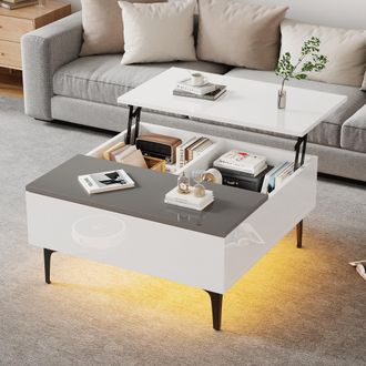 Suky Brand Couchtisch, 70 x 70 x 35cm, höhenverstellbarer Kaffeetisch mit verstecktem Stauraum und Ablagen, Hochglanz-Wohnzimmertisch, Schreibtisch mit LED, Sofa