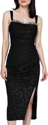 Ever-pretty Robe de Soirée Femme Chic Moulante Fendu Col V Plis Bandoulière à Sequins Haute Élasticité Midi Noir 42