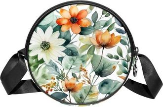 Generic Petit sac &agrave; bandouli&egrave;re circulaire pour femme, motif feuilles florales, sac &agrave; dos avec fermeture &eacute;clair, bretelles r&eacute;glables, sac &agrave; main rond d&eacute;contra