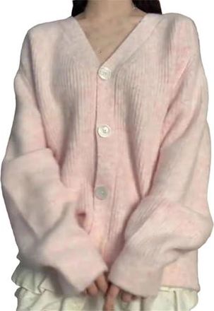 Generic Cardigan tricot&eacute; &agrave; col en V pour femme - Style cor&eacute;en - Simple boutonnage, Rose, XS