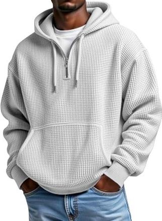 Generic Sweat &agrave; capuche pour homme - Motif gaufr&eacute; - Manches longues - Avec fermeture &eacute;clair 1/4 - Couleur unie - Confortable - Pull en tricot d&eacute;contract&eacute; - Av