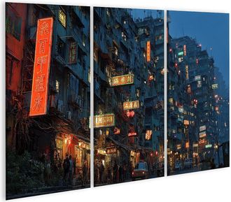 Islandburner Wandbild auf Leinwand D&uuml;stopische Stadtansicht mit und engen Gassen - 3-teilig