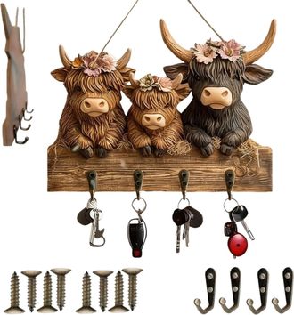 Generic Rustic Highland Cow Wooden Family Key Holder, Three Adorable Cows Keys Decorative Rack, Farmhouse Wall Mount Bullhead Animal Key Hooks with 4 Metal Ho
