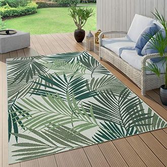 Paco Home Tapis Exterieur Terrasse Salon Cuisine Motif Palmiers Jungle Motif Fleuri Motif Boho Vert, Dimension:150 cm carr&eacute;, Couleur:Vert
