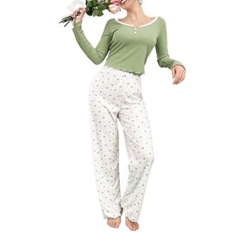 Generic Ensemble Pyjama Femme Confortable en Dentelle Col Rond Haut Court Côtelé et Pantalon Long Deux Pièces