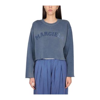 Maison Margiela Femme, Sweatshirts et sweats &agrave; capuche, Bleu, Taille: 42 FR Logo Patch Cropped SweaT-shirt