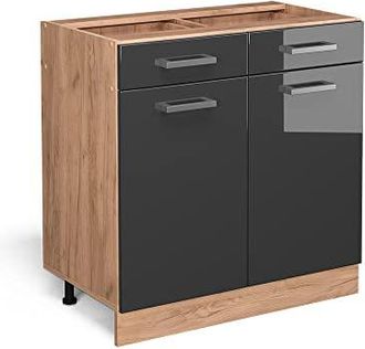Vicco Meuble Cuisine R-Line, Anthracite Haute Brillance/Chêne de Force doré, 80 cm sans Plan de Travail