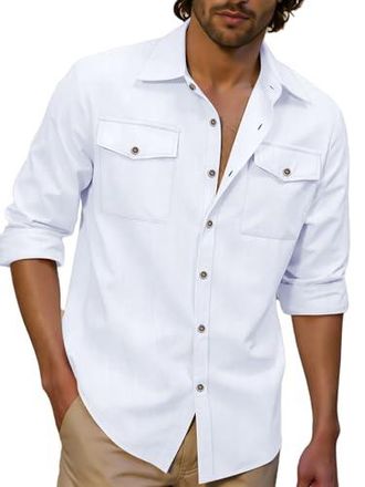 Generic Chemise de plage boutonn&eacute;e &agrave; manches longues en lin avec poches pour homme, blanc, XXL