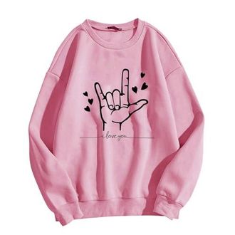 Generic Sweat-shirt &agrave; manches longues et col rond imprim&eacute; coeur I You pour femme, rose, XXL