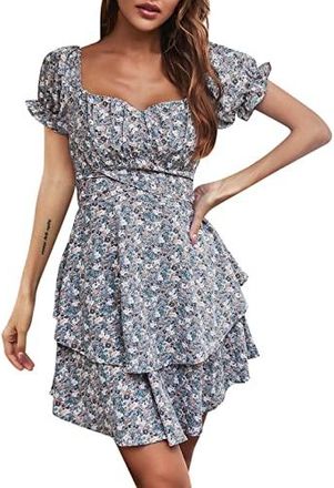 Generic 2026 Robe amincissante &agrave; manches bouffantes florales pour femmes, mini robe tendance, &eacute;l&eacute;gante, mince, courte, bleu, S