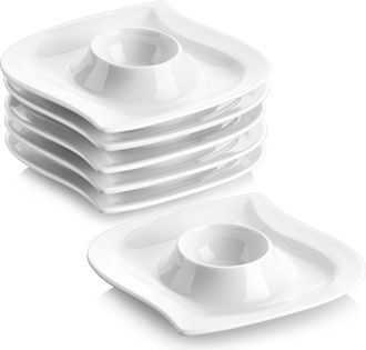 Malacasa Serie Elvira, 6 TLG. Eierbecher Set, Cremeweiß Porzellan Eierbecher mit Ablage, Eierständer für Jeden Frühstückstisch, Keramik Eierbecher Halter, 14.5