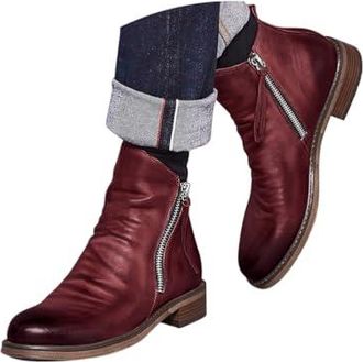 Minetom Bottines De Moto Classiques pour Hommes Vintage Boots avec Fermeture Éclair Latérale Botte Confortable pour Travail Biker Boots A Rouge 47 EU