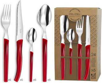 Lou Laguiole RISING SUN Besteck Set 6 Personen | 24-teilig | Rot gl&auml;nzend | Essbesteck 6 Personen sp&uuml;lmaschinenfest | 18/0 Edelstahl mit Mikroverzahnung | 6x Messe