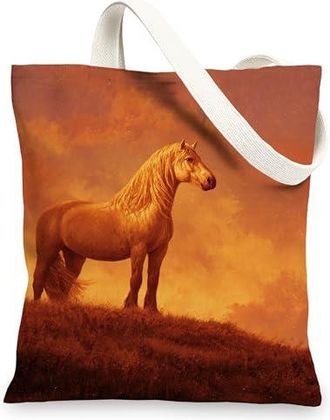 Generic Sacs fourre-tout en toile motif cheval, sacs dépicerie réutilisables, rustiques, légers et lavables avec bandoulière pour voyage, plage, pique-nique, 