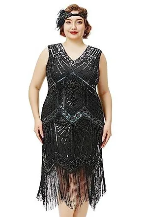 Babeyond Robes de soirée pour Femmes - Grande Taille - Robe Gatsby des années 1920 dotée dun col en V, de Perles et de Franges, Noir Glamour, Taille 3XL