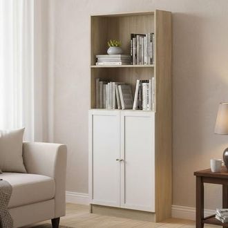 Dmora B&uuml;cherregal Anastasie, B&uuml;roregal, Mobiler Buchhalter, B&uuml;cherbrett, 79x28 h203 cm, Eiche und Wei&szlig;