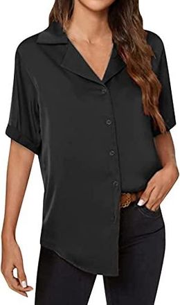 Generic T-shirts et chemisiers pour femme - Haut &agrave; manches courtes confortable - Chemise boutonn&eacute;e &agrave; manches courtes - Couleur unie - Chemise surdimensionn&eacute;e 