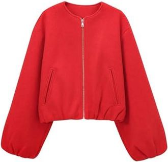 Generic Blouson aviateur r&eacute;tro doux for femme, col rond, manches longues, ourlet &eacute;lastique et fermeture &eacute;clair(Red,xs)