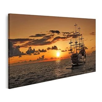 Islandburner Tableau sur Toile Bateau Pirate Coucher de Soleil en Mer Ouverte Cadre Affiche Poster Murale Tableaux