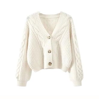 Generic Cardigan court cor&eacute;en en tricot pour femme - Col en V - Style r&eacute;tro - &Eacute;l&eacute;gant - Pour le bureau, Blanc, taille unique