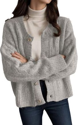 Generico Cardigan en tricot épais style vintage pour femme avec col rond uni avec boutons élastiques et décontractés, gris, Taille Unique