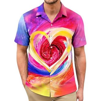 Generic Chemise de Saint-Valentin pour homme, imprim&eacute; coeur, chemise d&eacute;contract&eacute;e boutonn&eacute;e &agrave; manches courtes | pour les vacances de rendez-vous, Coeur dor&eacute; A
