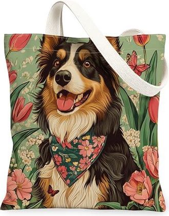 Generic Sac fourre-tout en toile motif chien de berger des Shetland pour le shopping, 33 x 38,1 cm, sac &agrave; bandouli&egrave;re r&eacute;utilisable pour femme, peinture danima