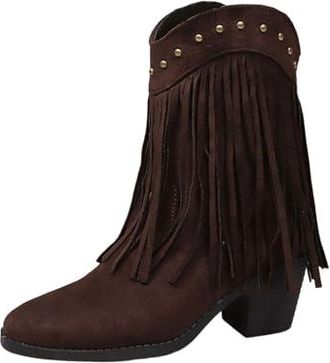Generic Bottes de cowboy pour femme avec large franges de mollet - &Eacute;l&eacute;gantes - Style r&eacute;tro - Bout pointu - Couleur unie - Talon &eacute;pais - Confortables - &Agrave; enfil