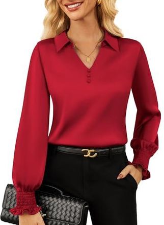 Grace Karin Femme Chemisier en Satin Manches Longues Haut de Soirée Blouse de Travail Top Festif et Habillé Rouge XXL