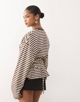 Lioness Exclusivit&eacute; - Lioness - Bloom - T-shirt ras de cou en coton m&eacute;lang&eacute; ray&eacute; &agrave; manches longues - Chocolat fonc&eacute;-Multicolore