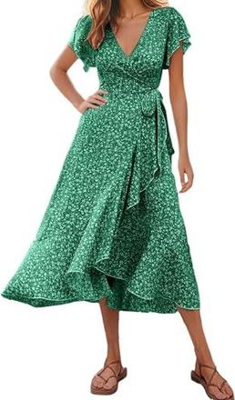 Generic Robe Fleurie Femme Ete À Manches Courtes Col en V Chic Floral Swing Elegant Wrap Élastique Taille Haute Longue Robes De Plage Boheme Robe DEte Femme M
