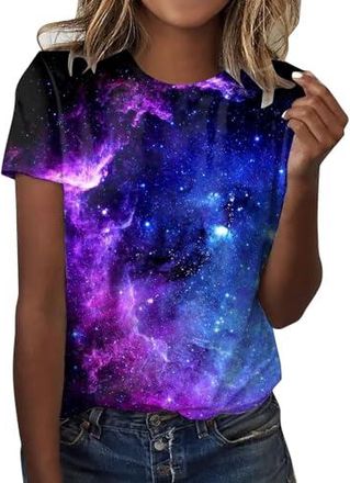 Generic Hauts d&eacute;t&eacute; galaxie &agrave; manches courtes tendance pour la course &agrave; pied T-shirts d&eacute;contract&eacute;s 2025 graphique ample mignon ciel &eacute;toil&eacute; imprim&eacute; tendance 202
