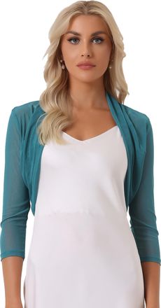 Allegra K Damen Bolero Festlich 3/4 &Auml;rmel R&uuml;schen Mesh Durchsichtig Crop Strickjacke Shrug Boleros Blau Gr&uuml;n L