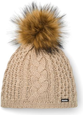 Eisb&auml;r M&uuml;tze Damen Afra Lux Beige - Merino f&uuml;r Frauen - mit Fleece sch&uuml;tzt vor K&auml;lte und Wind - Bommelm&uuml;tze mit Kunstfell-Pompon Pudelm&uuml;tze mit Zopfmuster Be