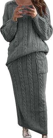 Generic BOTCAM Ensemble 2 pièces pour femme - En tricot côtelé - Manches longues - Jupe - Chaude - Pour lhiver - Robe midi - Extensible - Grandes tailles - Ro