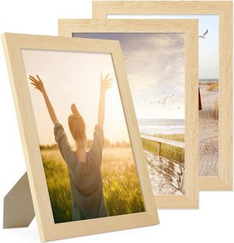 Photolini Bilderrahmen A4 Set Natur Holz MDF, breiter DIN A4 Bilderrahmen 3er Set 21x30, bruchsicheres Acrylglas, picture frame zum Aufhängen & Aufstellen, Bild