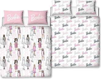 BARBIE Character World Barbie Parure de lit Double pour Enfant avec Housse de Couette r&eacute;versible Double Face et taies doreiller Assorties en Polyester Rose