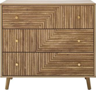 Calicosy Kommode mit 3 Schubladen - Fronten in L-Optik und goldfarbenen Kn&ouml;pfen - F&uuml;&szlig;e aus Holz Dekor - Schlafzimmer, Wohnzimmer - L 80 x T 40 x H 75 cm