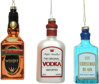 Decoris Christbaumschmuck Glas 12cm x 3 Stück Set Schnapsflaschen Weihnachtskugeln Vodka Gin Whiskey