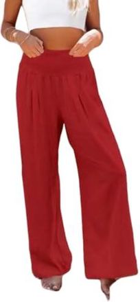 Generic Pantalon pliss&eacute; taille haute pour femme, coupe large, style boh&egrave;me, d&eacute;contract&eacute;, plage, voyage, pantalon droit avec poches, Rouge, 3XL